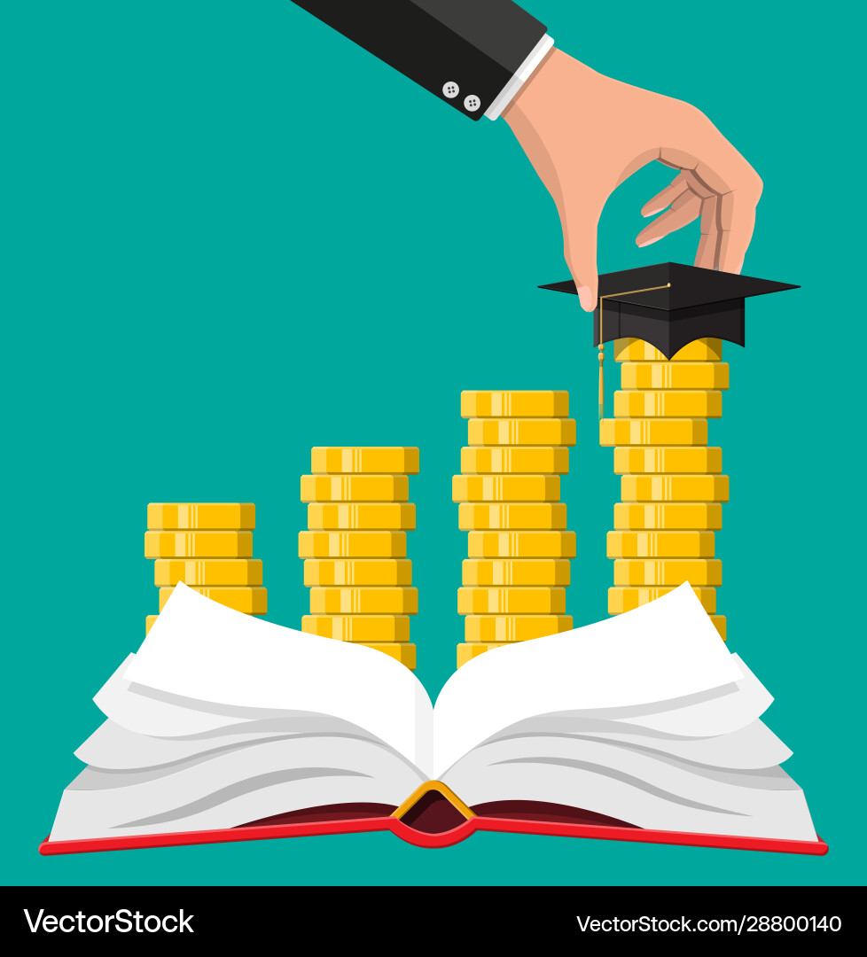 Graduation cap book and gold coin Royalty Free Vector Image
