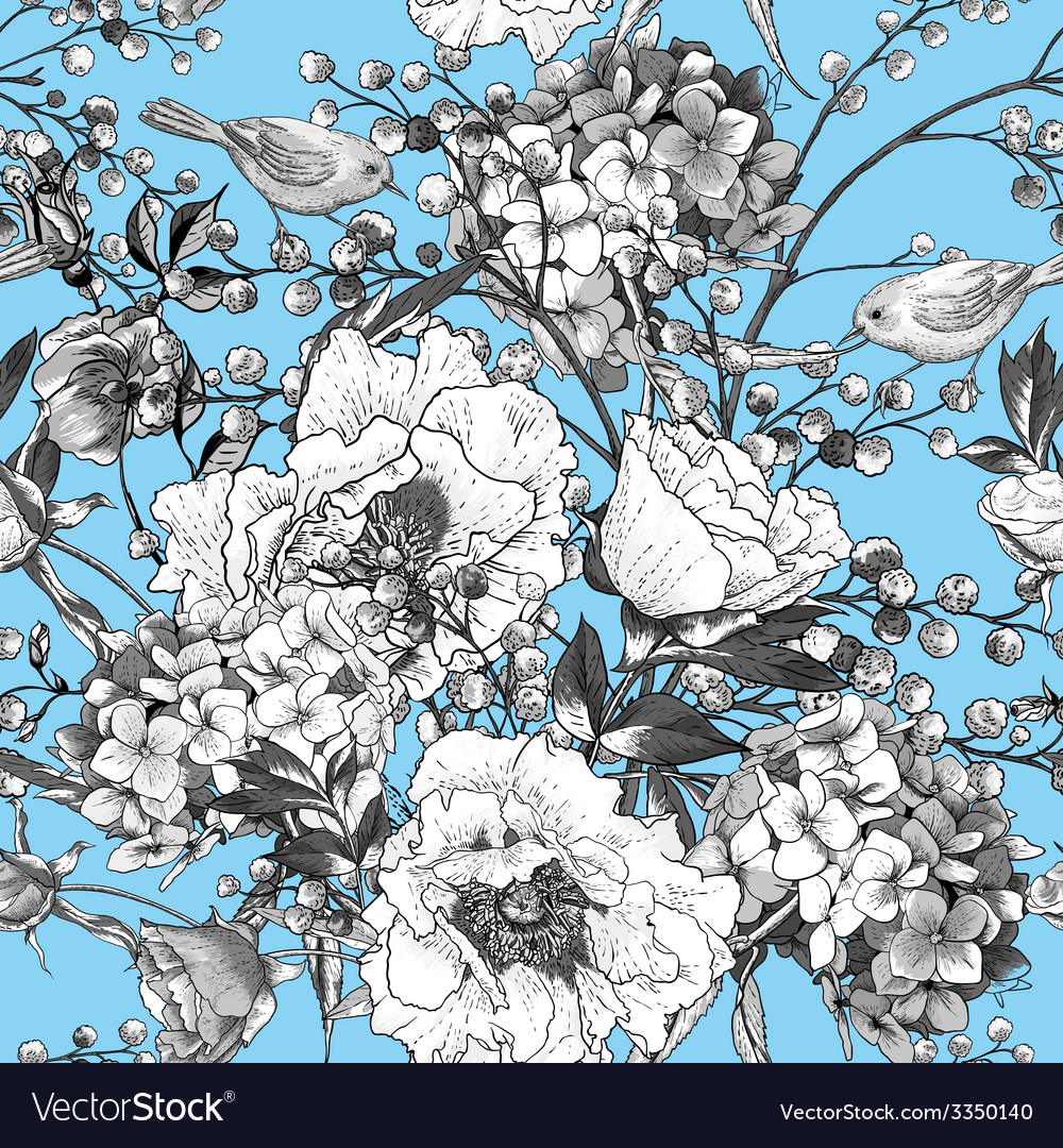 Seamless Monochrome Floral Pattern With Birds Vector Image