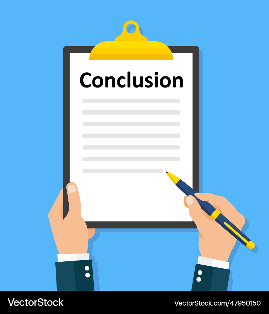 Man writes conclusion paperwork sheets in folder Vector Image