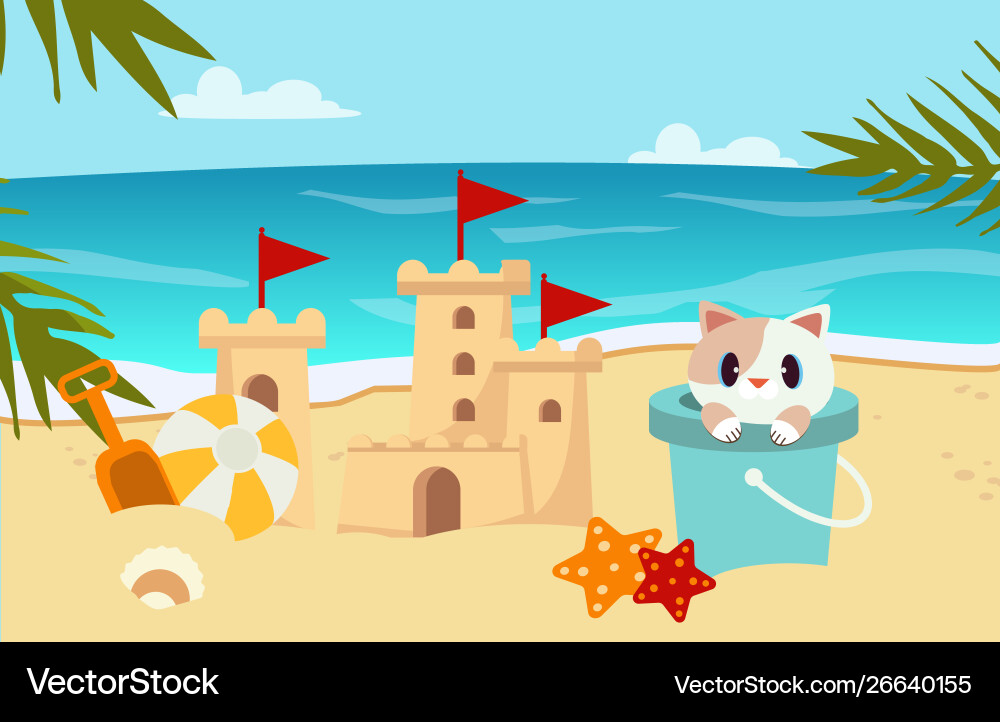 Beach scene with castle sand cat in tank Vector Image