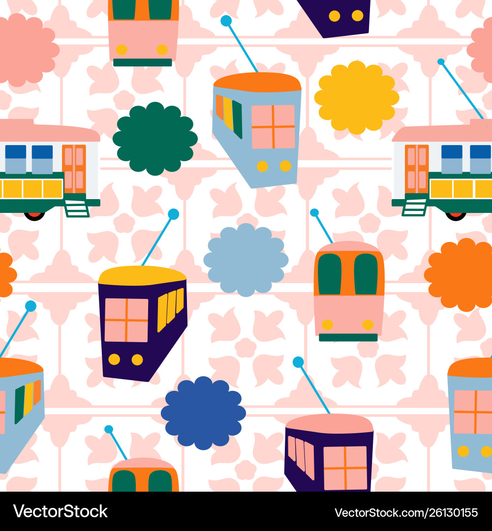 Colorful buses on a tile background in seamless Vector Image