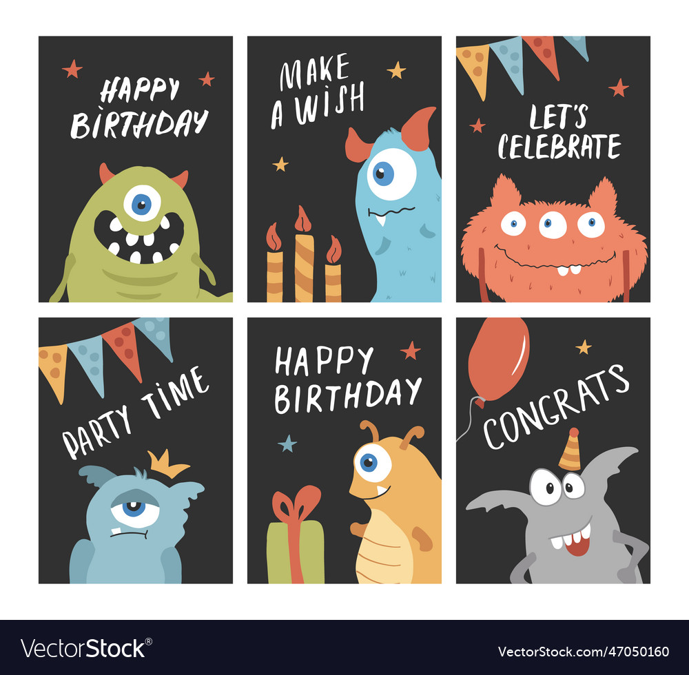 Birthday cards set with cute monsters cartoon Vector Image
