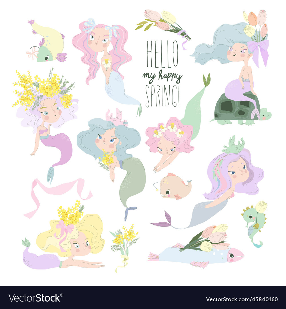 Cartoon set with cute mermaids and spring flowers Vector Image