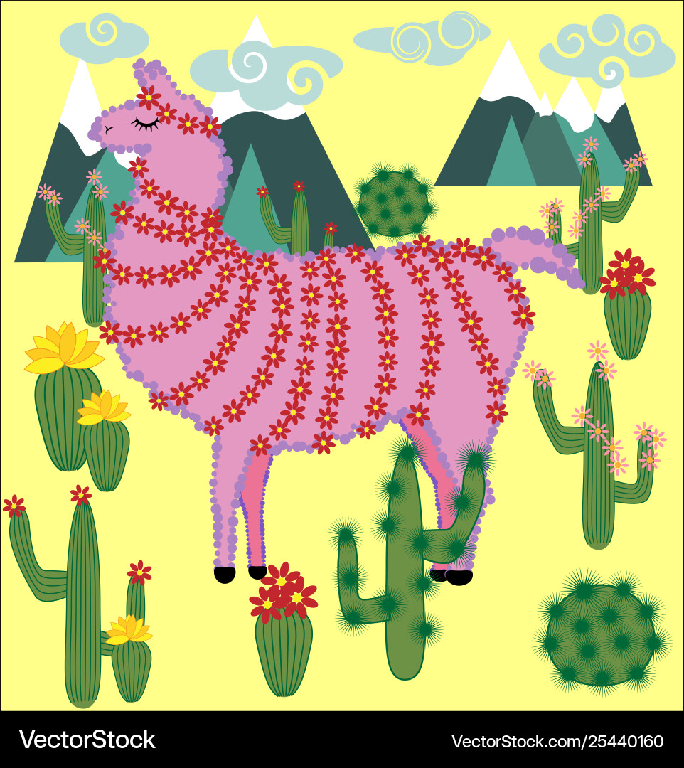 Cute alpaca llama animals and cactus Royalty Free Vector