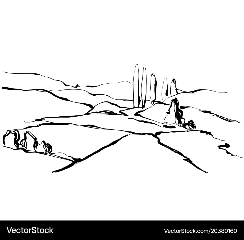 Hand drawn landscape field tree and hill Vector Image
