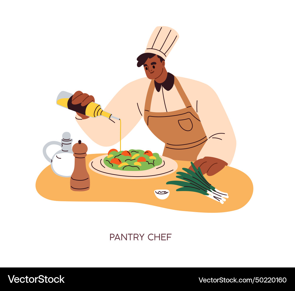 Pantry chef garnishing appetizer with oil Vector Image