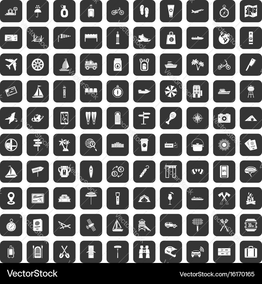 100 journey icons set black Royalty Free Vector Image