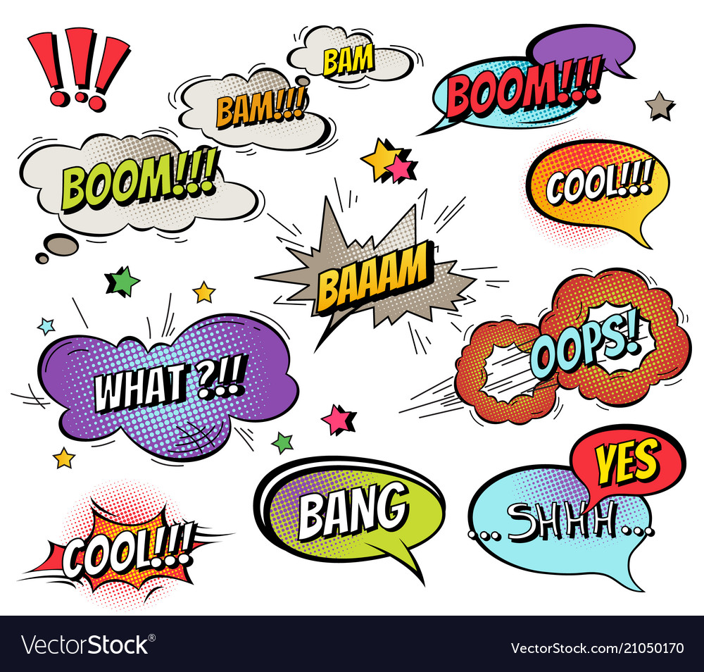 Comic speech bubbles and splashes set Royalty Free Vector