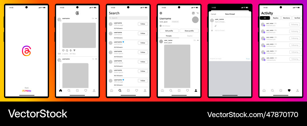 Set of threads screen mockup on phone new Vector Image
