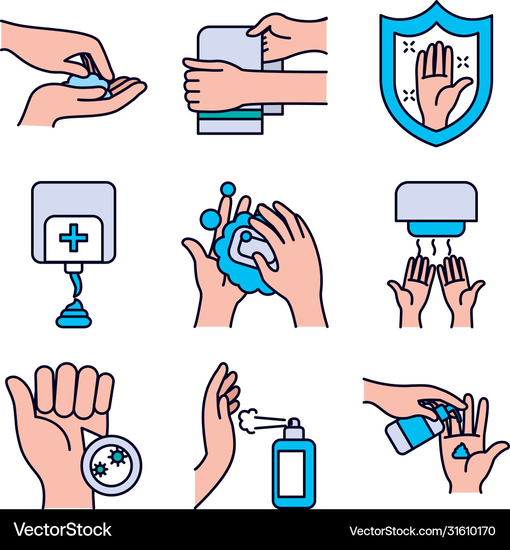 Shield and handwashing icon set line fill Vector Image