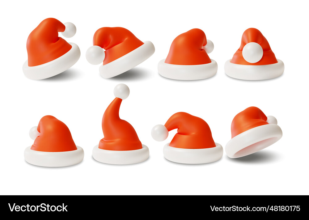 3d different red santa hats set cartoon style Vector Image