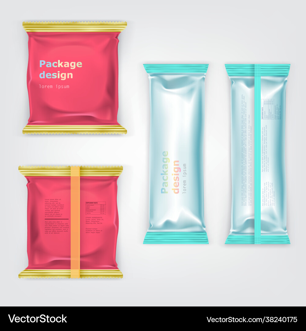 Colored branded foil food packages set Royalty Free Vector