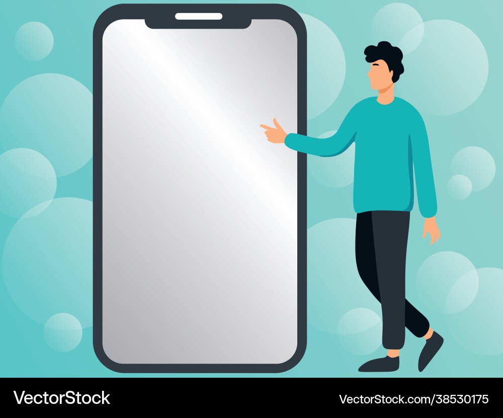 Man drawing standing next to a large phone Vector Image