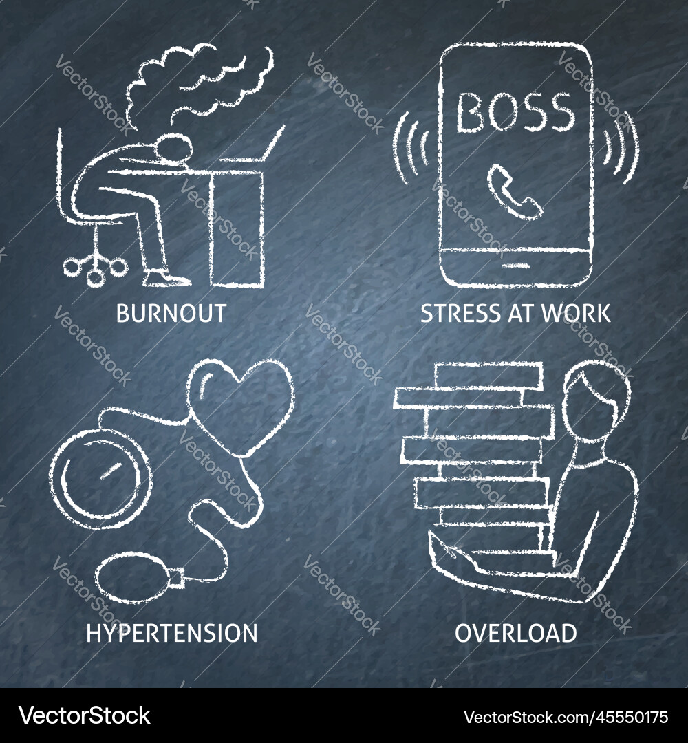 Stress and burnout icon set on chalkboard Vector Image