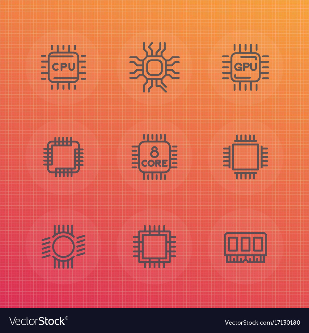 Chipset cpu line icons set Royalty Free Vector Image