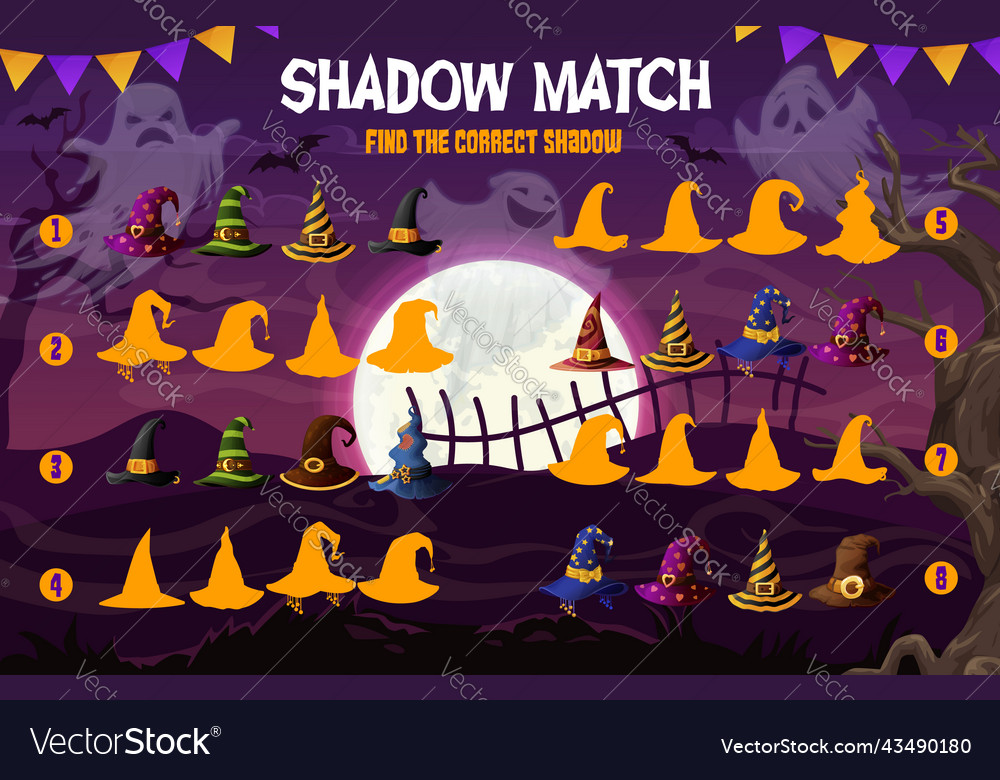 Halloween shadow match game ghosts witch hats Vector Image
