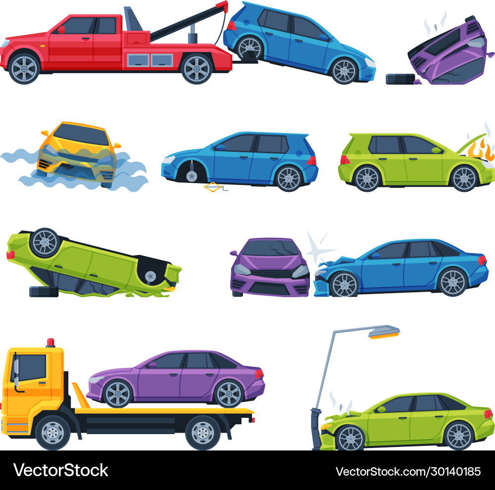 Different accidents on road set damaged car Vector Image