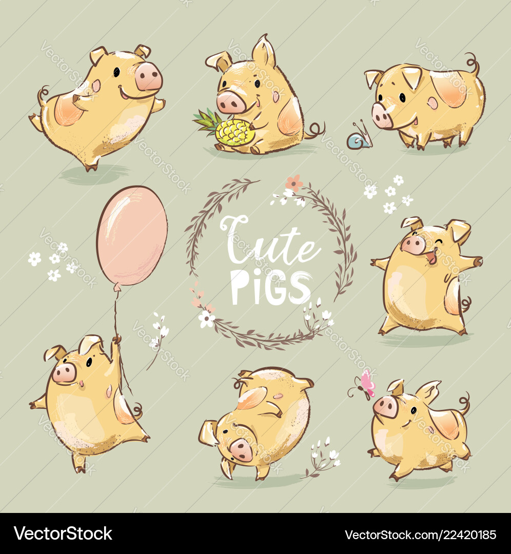 Set of cute tiny yellow pig in different poses Vector Image
