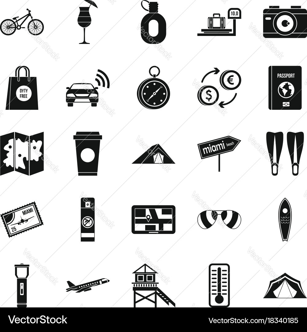 Tourist trip icons set simple style Royalty Free Vector