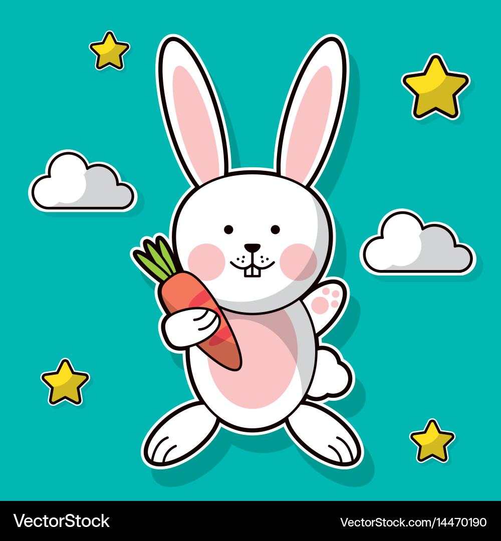 Cute bunny hugs carrot cloud and star background Vector Image
