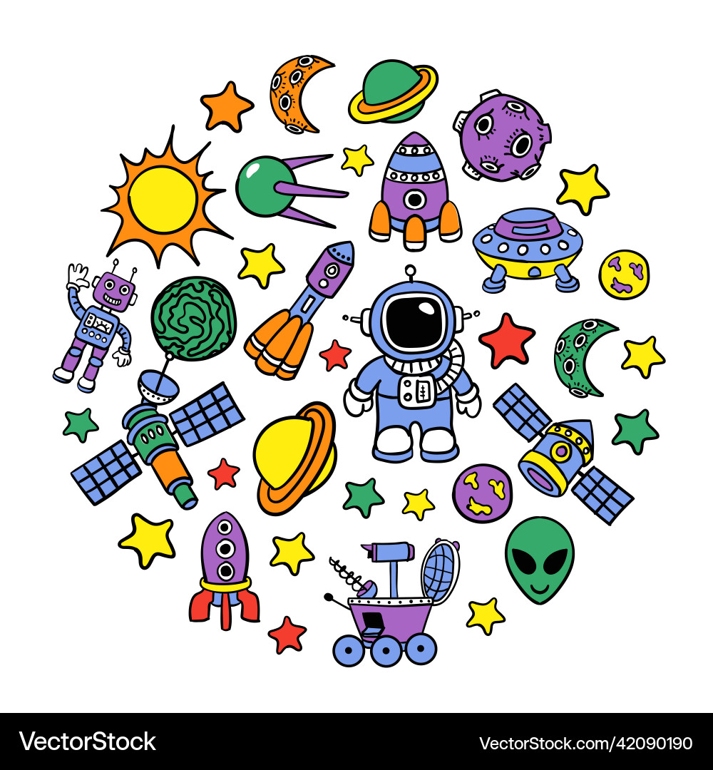 Hand drawn set of space cartoon doodle Royalty Free Vector