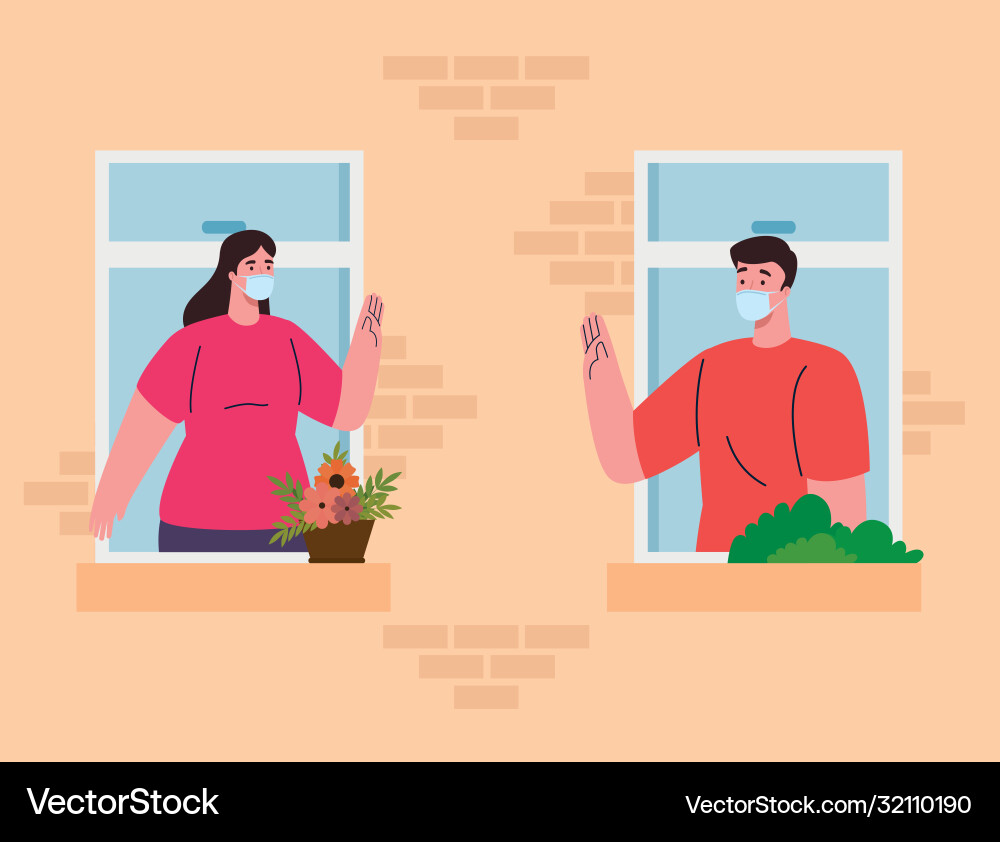 Stay home facade with window people look out Vector Image