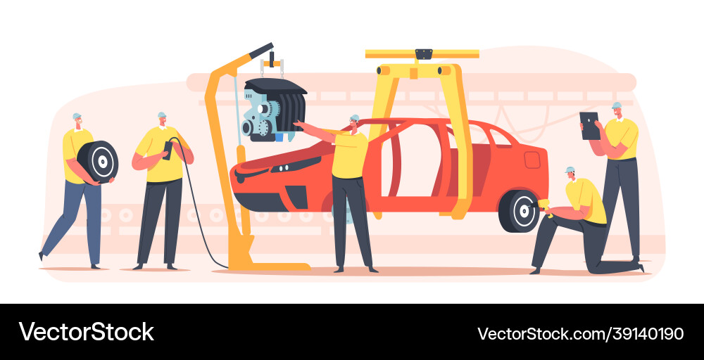 Workers characters on car production line plant Vector Image