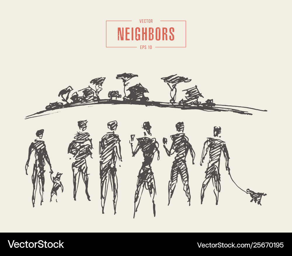 Friendly neighbors walking park draw sketch Vector Image