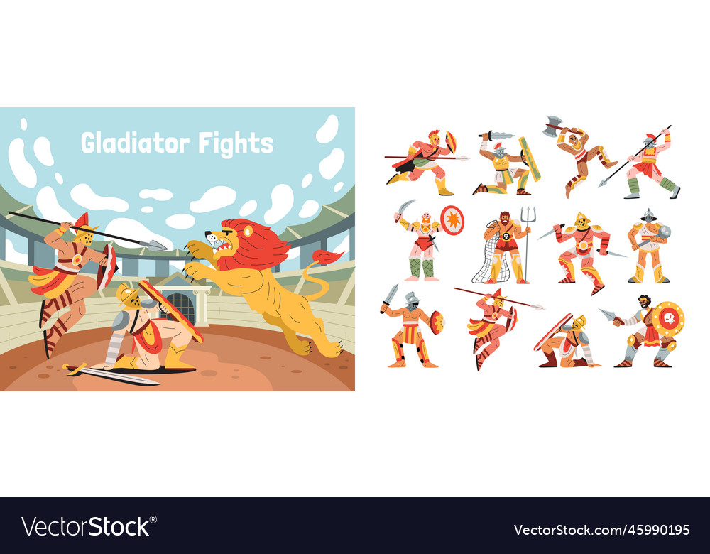 Gladiator fights flat compositions Royalty Free Vector Image