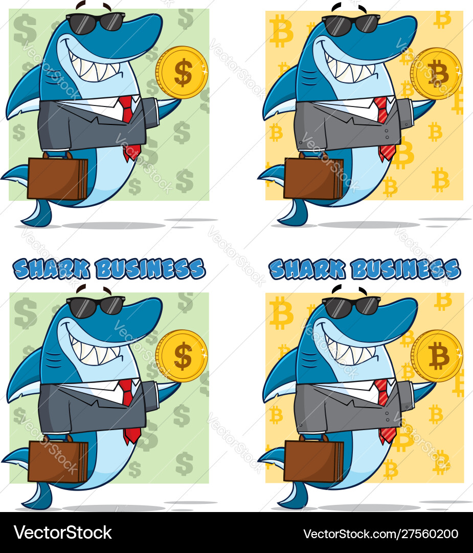 Blue shark cartoon character collection set - 3 Vector Image