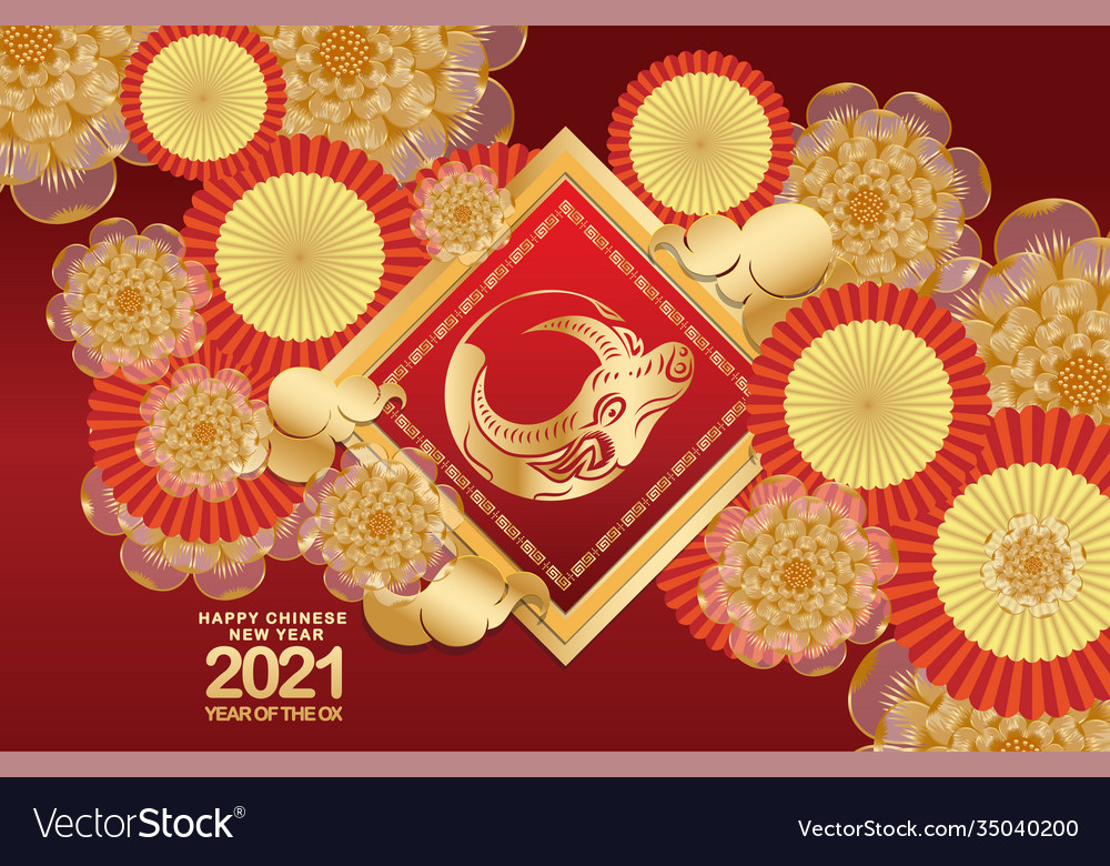 Chinese new year 2021 year ox red paper Royalty Free Vector
