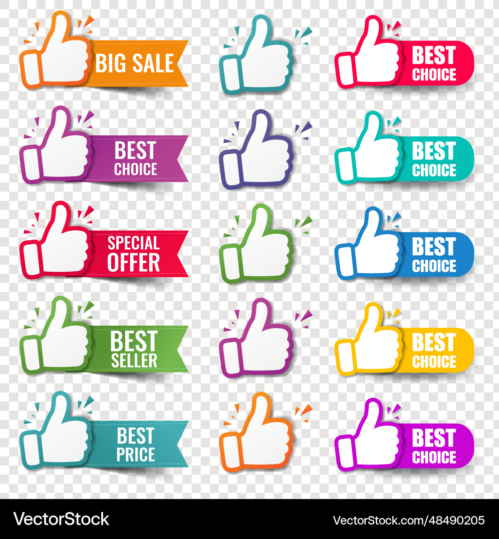 Hand banners set recommended with thumbs up Vector Image