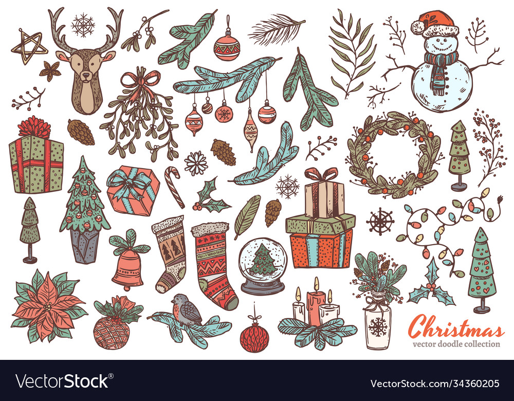 Merry christmas happy new year linear doodl set Vector Image