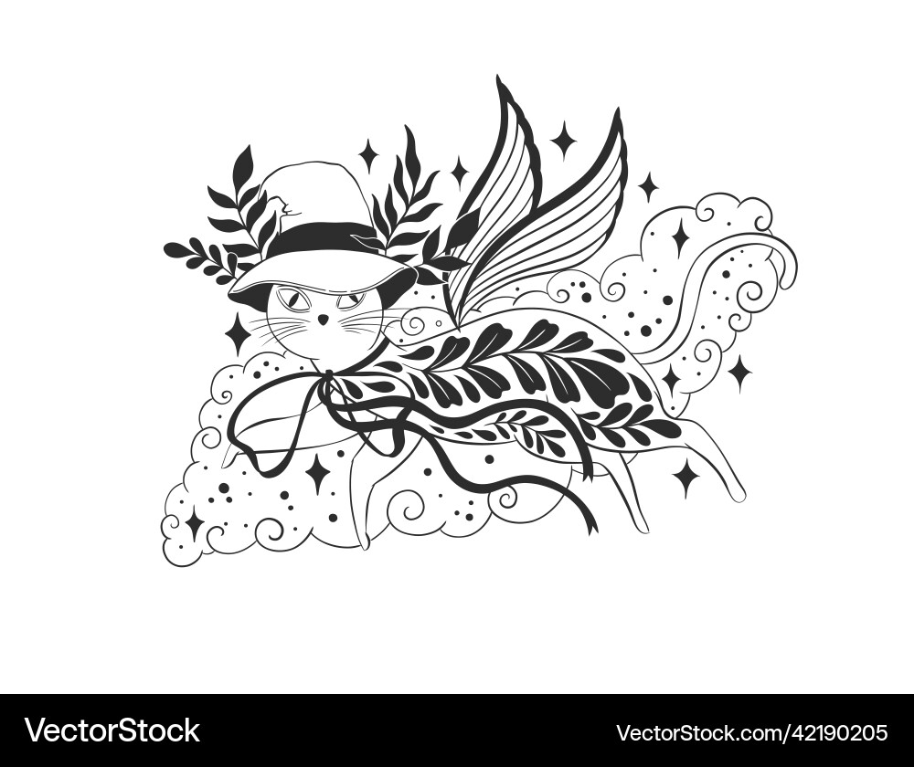 Mystic aesthetic cat witch mage composition print Vector Image