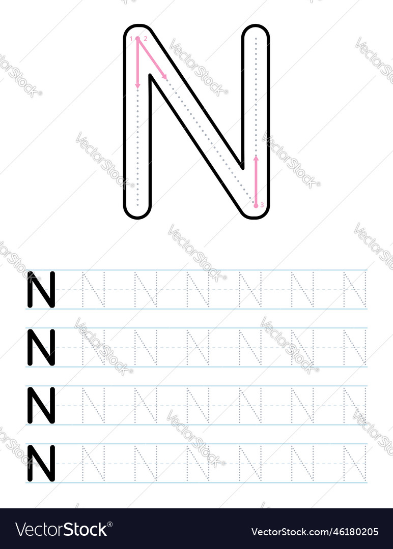Tracing uppercase letter n worksheet for kids Vector Image
