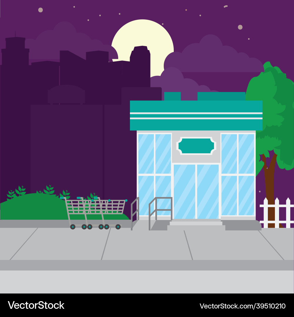 Blue market store with carts Royalty Free Vector Image
