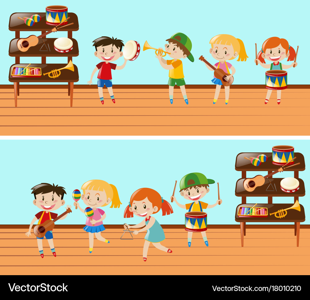 Children practice music in room Royalty Free Vector Image