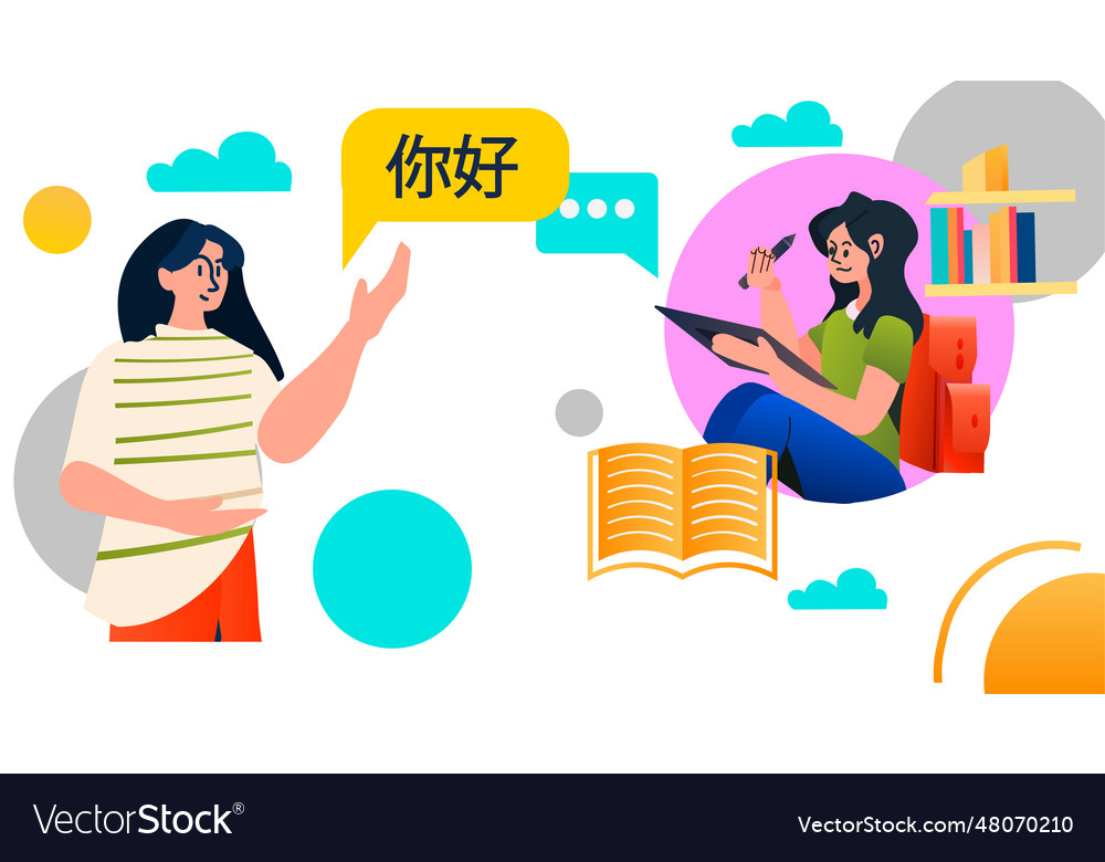 Girl learning language during video call online Vector Image