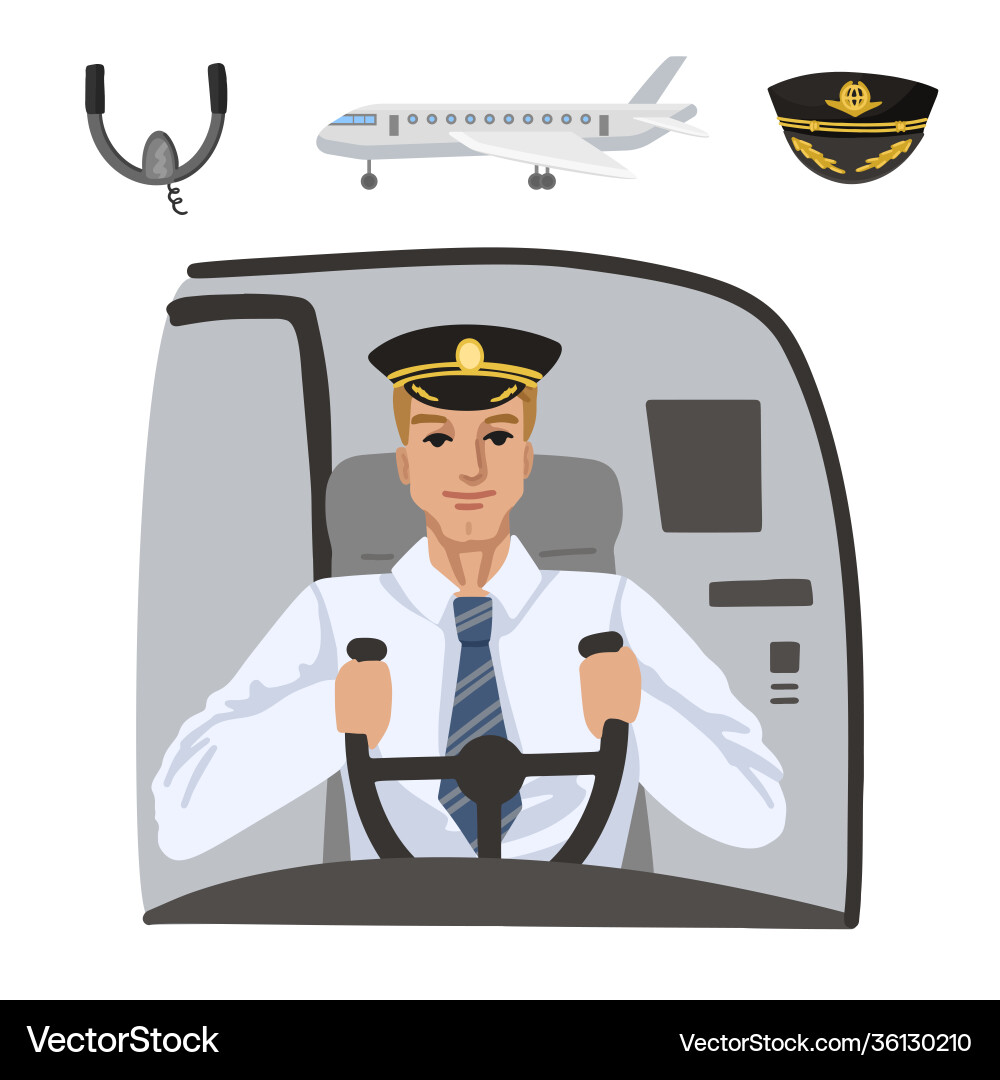 Pilot on plane professions character and items Vector Image