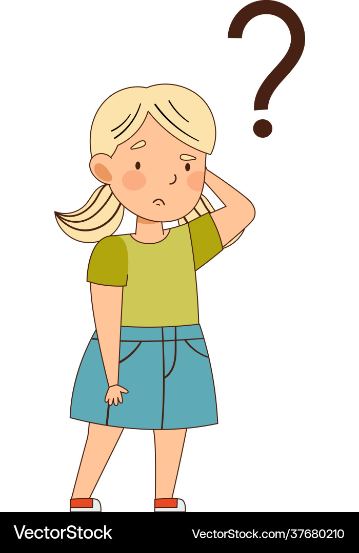 Puzzled little girl with question mark scratching Vector Image