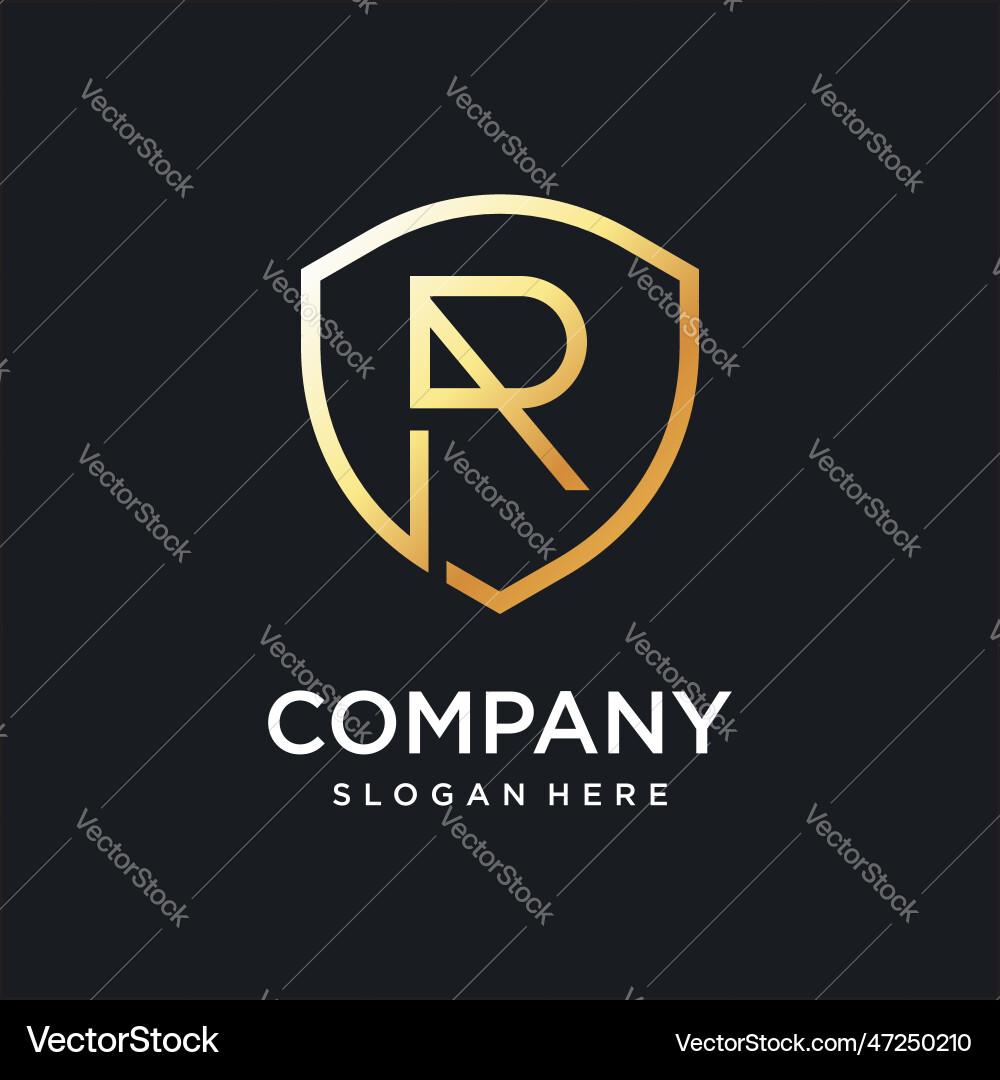 R logo with golden shield concept type r5 luxury Vector Image