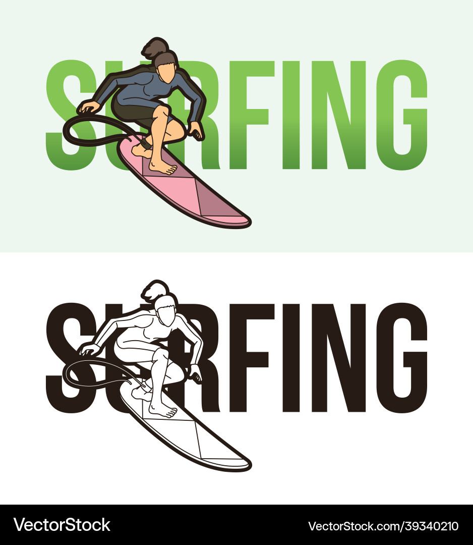 Surfing text with sport player graphic Royalty Free Vector