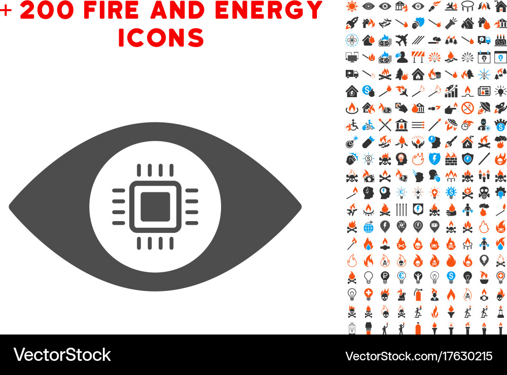 Electronic vision lens icon with bonus flame set Vector Image