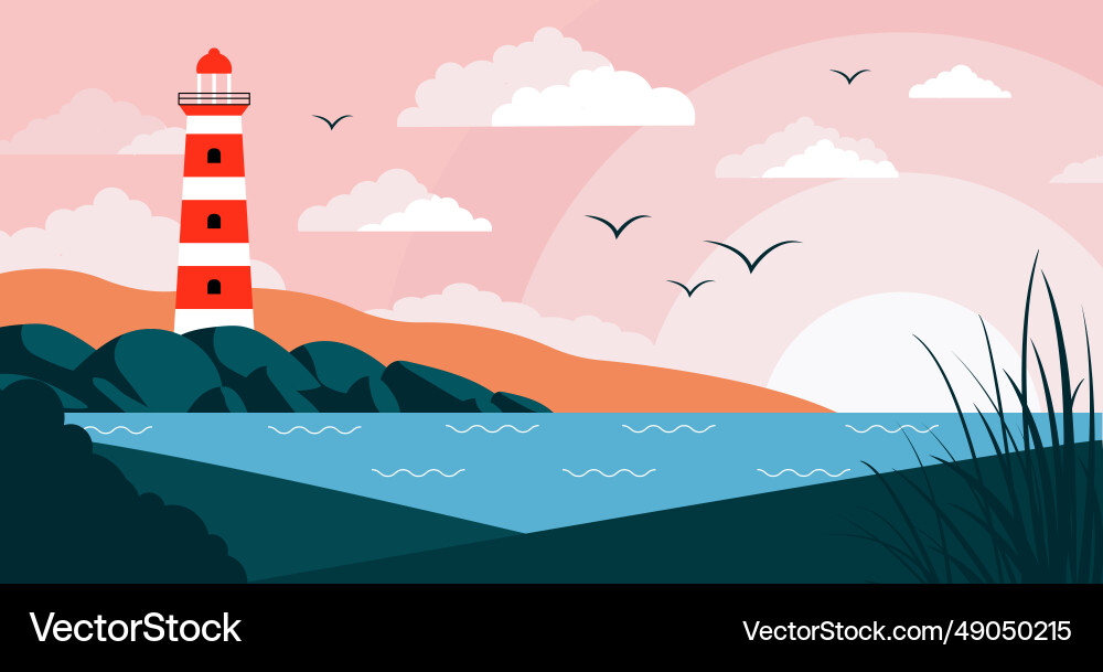 Lighthouse flat landscape on coastline Royalty Free Vector
