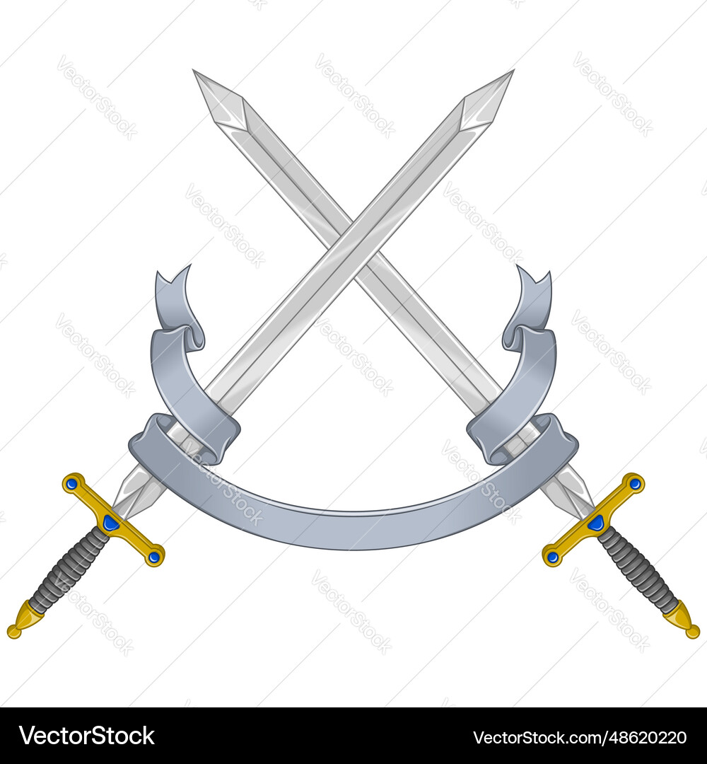 Medieval swords surrounded with heraldic ribbon Vector Image