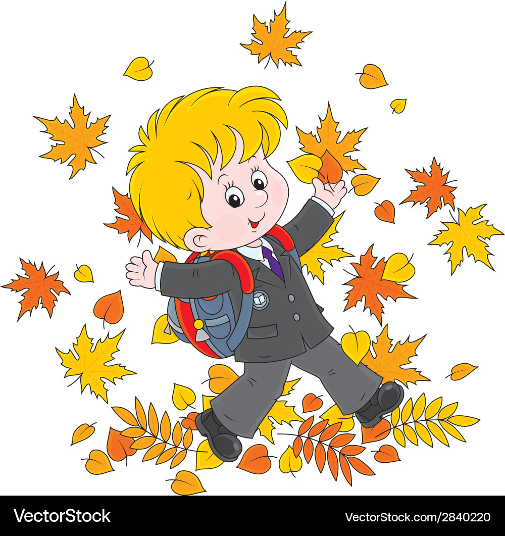 Schoolboy with autumn leaves Royalty Free Vector Image