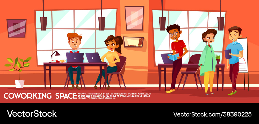 Cartoon coworking space with people Royalty Free Vector