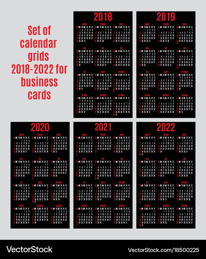 Set calendar grid for years 2018-2022 Royalty Free Vector