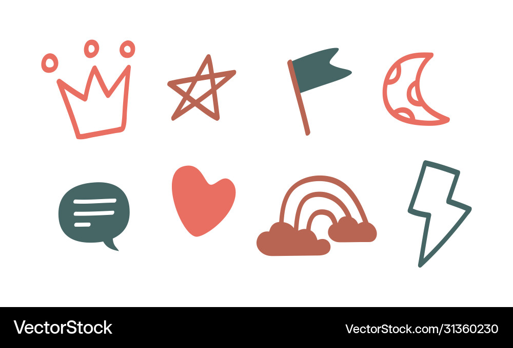 A set doodle sticker icons cute drawn Royalty Free Vector
