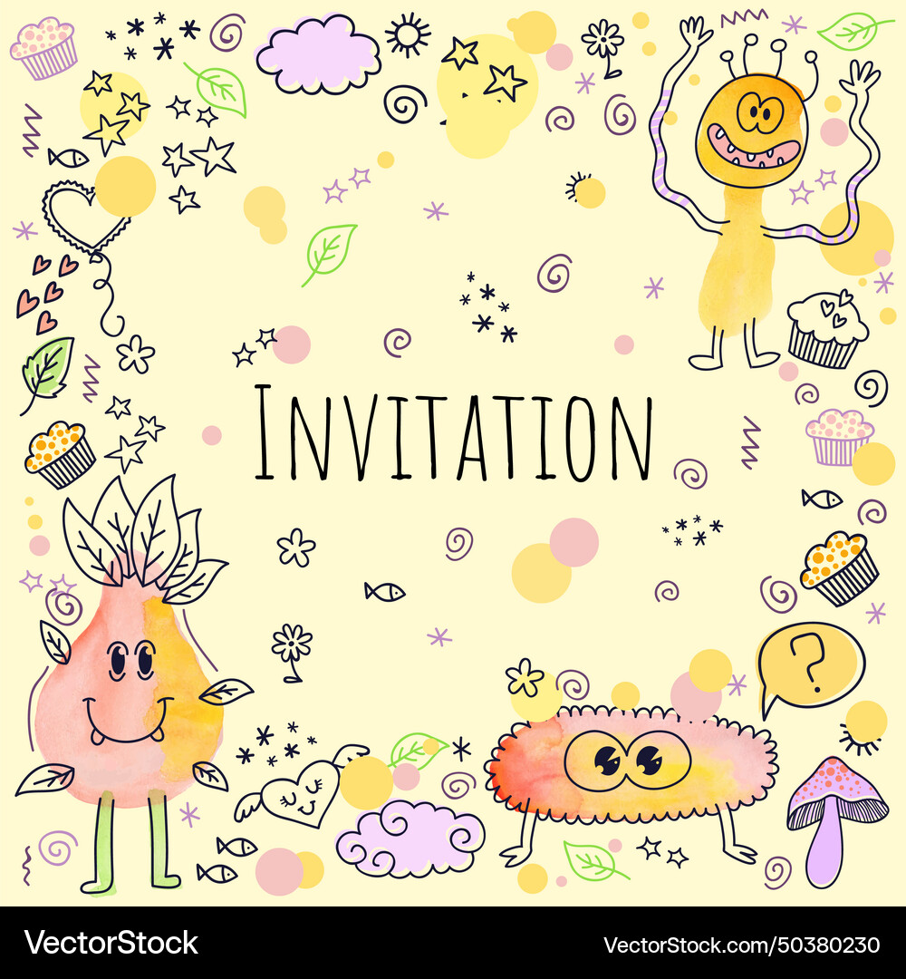 Doodle invitation with cute monster characters Vector Image